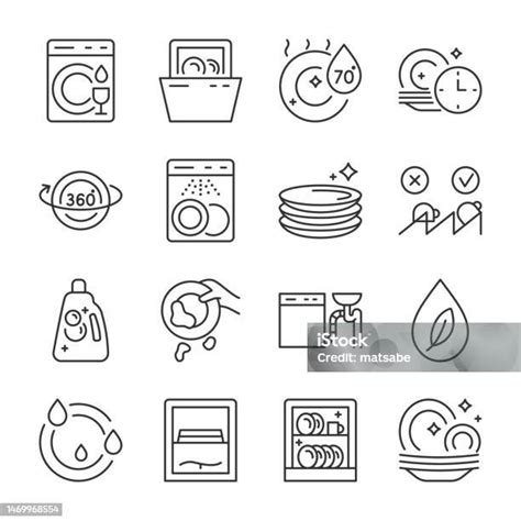 식기 세척기 아이콘을 설정합니다 설거지와 칼붙이를 위한 주방 용품 선형 아이콘 컬렉션 설치 및 관리 젖은 깨끗한 접시 세척 단계 지침 및 기능 선 편집 가능한 획 닦기에