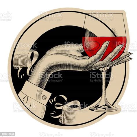 리본 및 여자의 손을 갈색 복고풍 라벨 라운드 레드 와인 한 잔을 들고 와인에 대한 스톡 벡터 아트 및 기타 이미지 와인