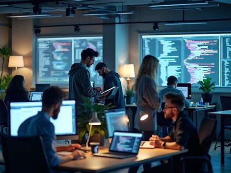 Team Of Software Developers Collaborating In A Modern Development Environment Premium Ai