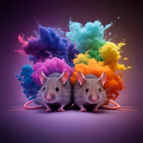 Two Mice Are Standing In Front Of A Purple Background With Colored
