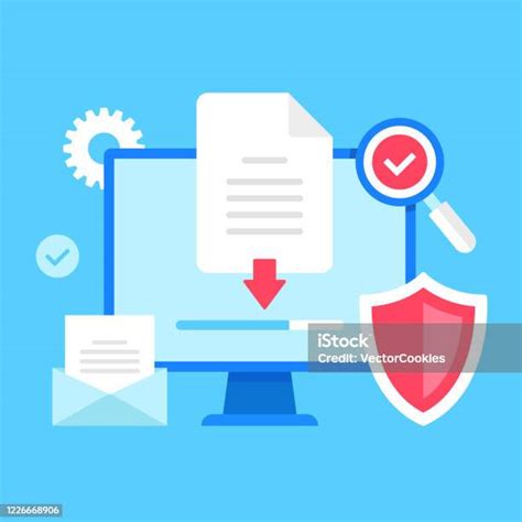문서 다운로드 벡터 그림입니다 웹 사이트에서 문서를 다운로드 개념을 업로드 화면에 파일 및 아래쪽 화살표 기호가있는 컴퓨터 진행률 표시 줄 방패 이메일 돋보기 및 확인 표시