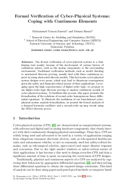 Pdf Formal Verification Of Cyber Physical Systems Coping With Continuous Elements