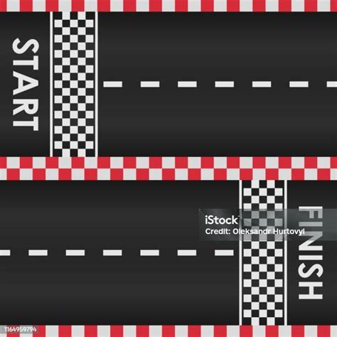 빨간색 체크 러 테두리와 경주 도로 배경 시작과 결승선 경주 트랙 맨 위 보기 카트 포뮬러 1 나스카 경주를위한 템플릿 디자인