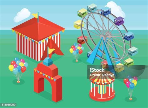 등각 투영 평면 3d 도시 배너 Carousels와 격리 놀이 공원 3차원 형태에 대한 스톡 벡터 아트 및 기타 이미지 3차원 형태 거리 건강한 생활방식 Istock