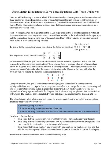 Matrix Elim 3 By 3 Notes Pdf Matrix Mathematics Mathematical