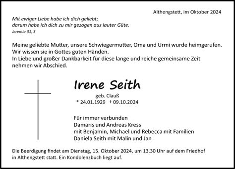 Traueranzeigen Von Irene Seith Schwarzwälder Bote Trauer