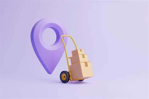 갈색 판지 상자와 파스텔 라일락 배경에 보라색 위치 포인터가 있는 핸드 트럭 0명에 대한 스톡 사진 및 기타 이미지 0명 3차원 형태 광고 Istock
