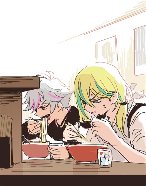 Safebooru Boys Blonde Hair Blue Eyes Blue Hair Bowl Chopsticks Counter Cup Drinking Glass