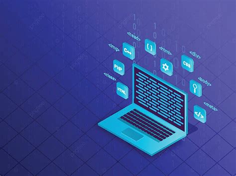 isometric representation of a laptop showcasing various programming