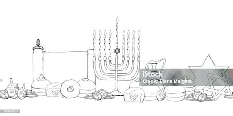 하누카 휴일 상징 흑인과 백인 벡터 완벽 한 테두리 메 노라 양초 도넛 올리브 오일 주전자 동전 및 토라 스크롤 유대인의 겨울