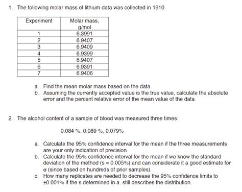 Solved 1 The Following Molar Mass Of Lithium Data Was