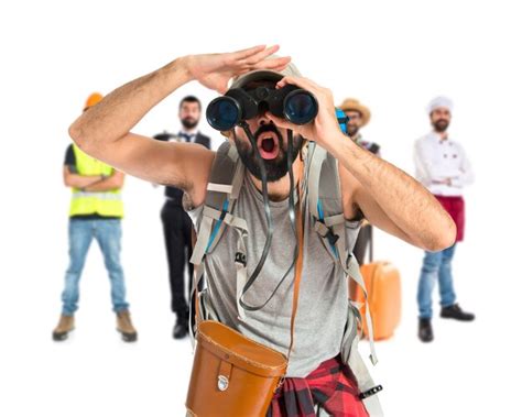 Free Photo Tourist With Binoculars Over White Background