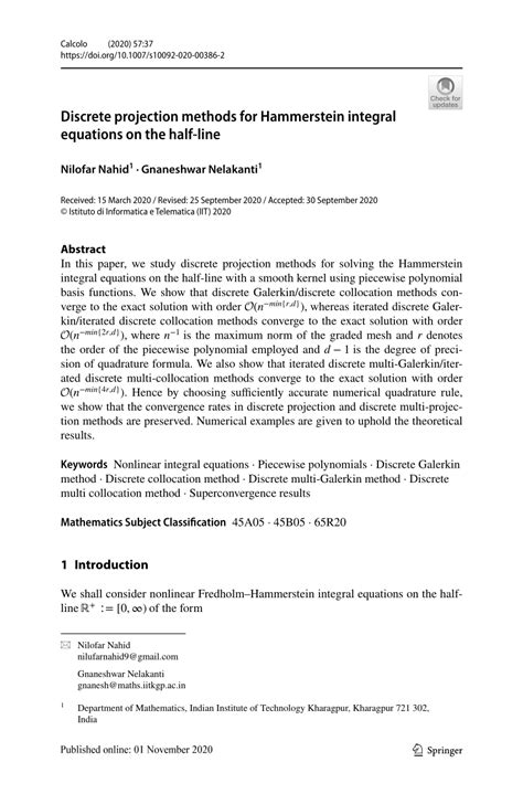 Pdf Discrete Projection Methods For Hammerstein Integral Equations On