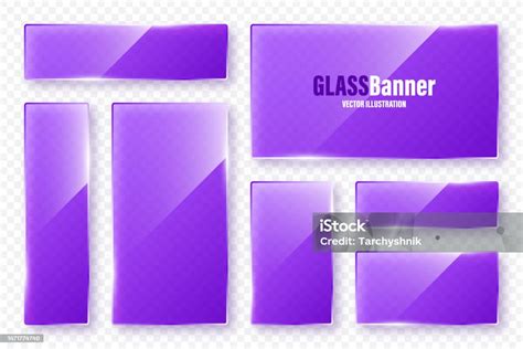 현실적인 유리 프레임 컬렉션입니다 플레어와 하이라이트가 있는 보라색 투명 유리 배너 광택 아크릴 판 빛 반사 요소 및 텍스트 장소 벡터 그림 0명에 대한 스톡 벡터 아트 및