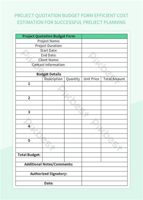 Project Quotation Budget Form Efficient Cost Estimation For Successful