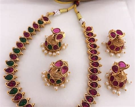 Beautiful Mango Design Necklace With Earrings Kemp Necklace Set Saree