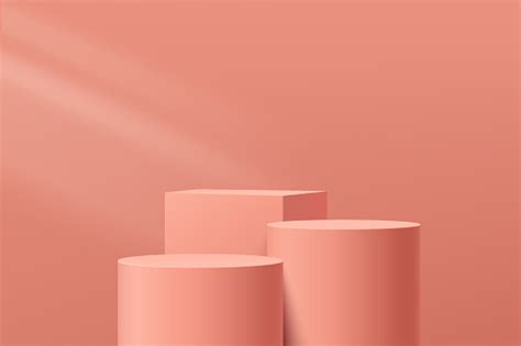 핑크 코랄 기하학적 받침대 연단 과 핑크 미니멀 한 벽 장면 쇼케이스를 위한 현대적인 플랫폼 파스텔 컬러 추상룸 제품 디스플레이 프레젠테이션을 위한 벡터 렌더링 3d