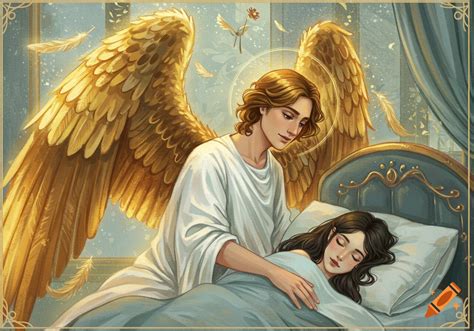 A Male Angel With Large Golden Wings Watches Over A Woman Sleeping In A