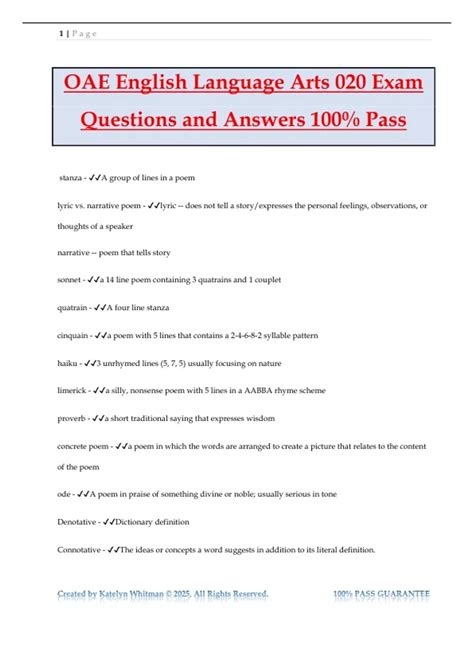 Oae English Language Arts 020 Exam Questions And Answers 100 Pass Oae Stuvia Us
