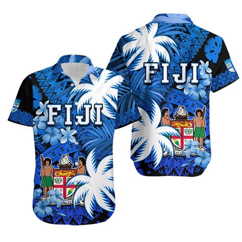 Fiji Matching Hawaiian Shirt And Dress Coat Of Arms And Masi Tapa Blue