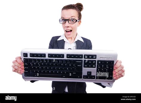 Nerd Businessman With Computer Keyboard On White Stock Photo Alamy