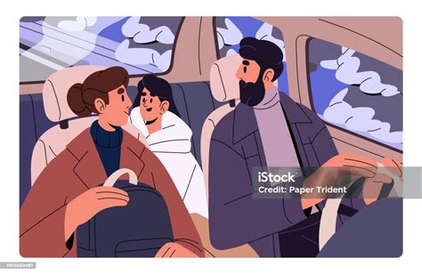 차 안에서 행복한 가족 운전석이 운전대를 잡고 뒤를 돌아봅니다 부모와 함께 자동차를 타고 함께 여행하는 흥분된 승객 아이 아빠는