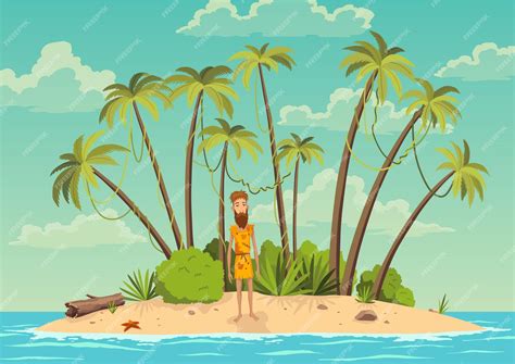 Robinson Crusoe Island Man On Desert Island In Ocean And Palm Coconut Trees Tropical Paradise