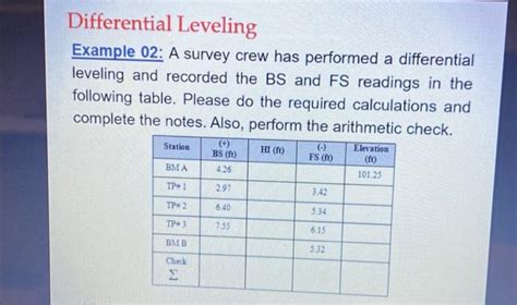 Solved Differential Leveling Example 02 A Survey Crew Has