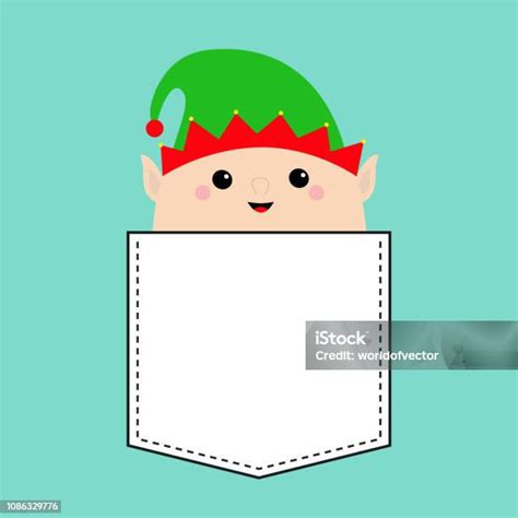 산타 요정 둥근 얼굴 머리 아이콘 녹색 모자입니다 T셔츠 주머니입니다 즐거운 성탄절 새 해입니다 귀여운 만화 재미 귀여운 아기 캐릭터입니다 인사말 카드입니다 평면 디자인