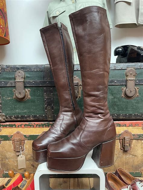 Amazing Rare 1970s 70s Knee High Brown Leather Shellys Of Carnaby
