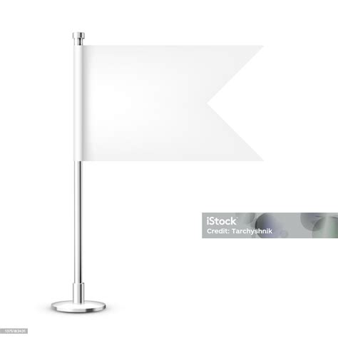 크롬 강철 기둥에 현실적인 테이블 플래그 종이 나 직물로 만든 빈 흰색 책상 플래그 반짝이는 금속 스탠드 프로모션 및 광고에 대한 모형 벡터 일러스트레이션 광고에 대한 스톡