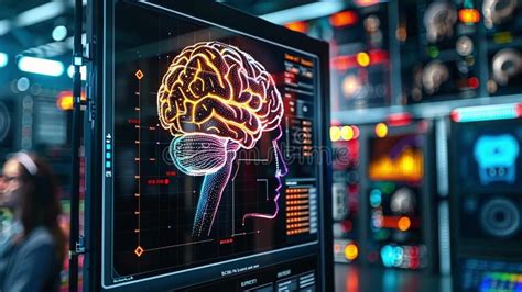 scientists analyzing brain scan displaying neural network on screen in