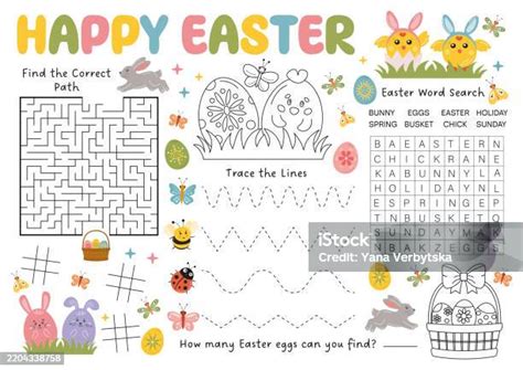 부활절 활동 플레이스 매트 어린이를 위한 인쇄 가능한 부활절 파티 게임 부활절 활동 매트 색칠 공부 페이지 논리 게임 미로 추적 필기 연습 유치원 유치원을 위한 부활절