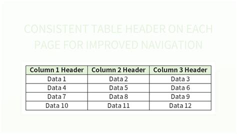 consistent table header on each page for improved navigation excel