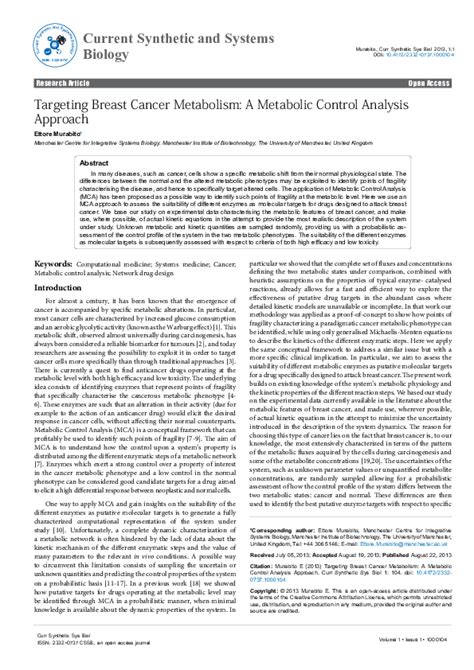 Pdf Targeting Breast Cancer Metabolism A Metabolic Control Analysis Approach