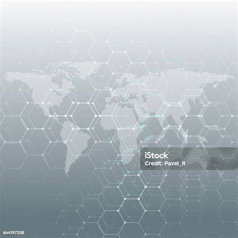 화이트 점선 세계 지도 선 및 점 회색 배경에 연결 화학 패턴 육각 분자 구조 의료 연구 의학 기술 개념입니다 추상적인 디자인