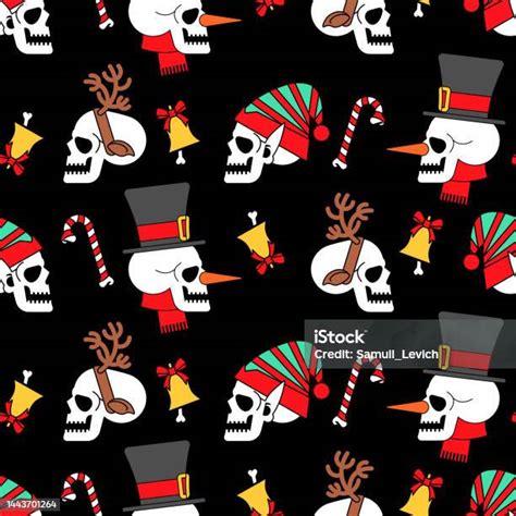 크리스마스 두개골 패턴이 매끄럽습니다 산타의 해골 머리와 그의 조력자 질감 크리스마스와 새해 무서운 배경 산타 클로스에 대한 스톡 벡터 아트 및 기타 이미지 Istock