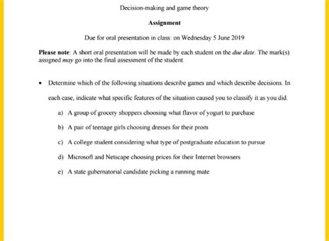Solved Decision Making And Game Theory Assignment Due For