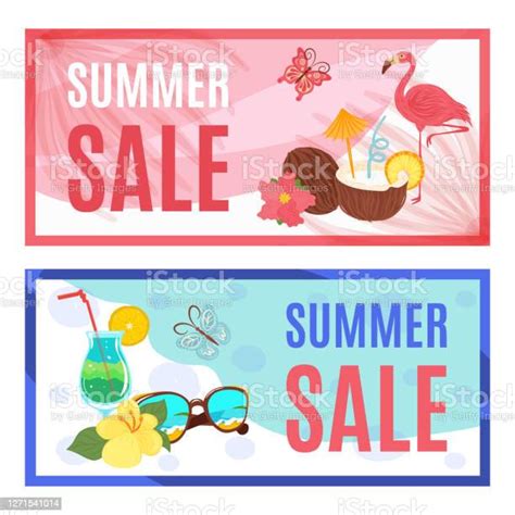여름 세일 배너 세트 시즌 제공 할인 특별 가격 벡터 일러스트 열대 디자인의 프로모션 배너 템플릿 개념에 대한 스톡 벡터 아트 및 기타 이미지 Istock