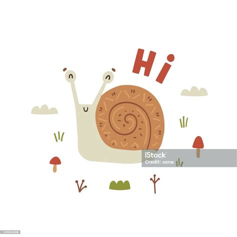 손으로 그린 재미있는 귀여운 캐릭터 달팽이는 흰색 배경 스칸디나비아 스타일에 고립 된 안녕을 말한다 가공의 인물에 대한 스톡 벡터 아트 및 기타 이미지 Istock