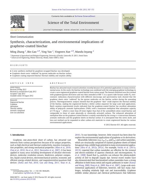 Synthesis Characterization And Environmental Implications Of Graphene Coated Biochar Zhang