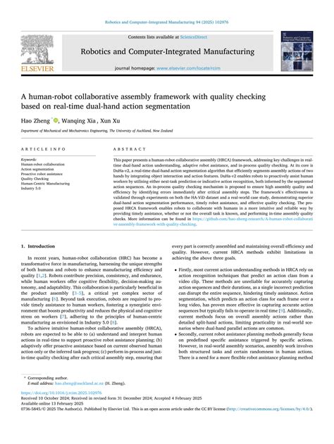 Pdf A Human Robot Collaborative Assembly Framework With Quality