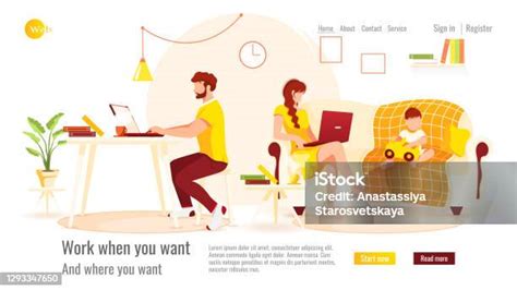 웹 사이트 디자인 노트북에서 일하는 남자와 여자 차와 함께 노는 아기 근처 홈 오피스 프리랜서 개념 공부 벡터에 대한 스톡 벡터