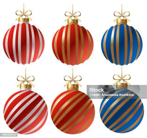 축제 세트 줄무늬 크리스마스 장식 와 금색 리본 와 흰색 배경에 별이 있는 옷걸이 새해 크리스마스 트리 장난감입니다 0명에 대한 스톡 벡터 아트 및 기타 이미지 Istock