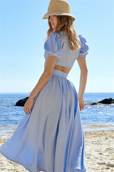 Купити Спідниця еко льон блакитна мідаксі колір блакитний матеріал