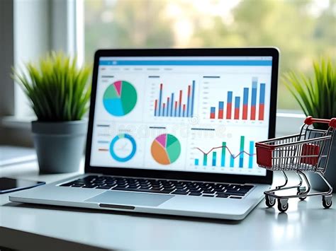 Laptop With Business Charts And Shopping Cart Illustrating Online Sales Data Analysis Stock