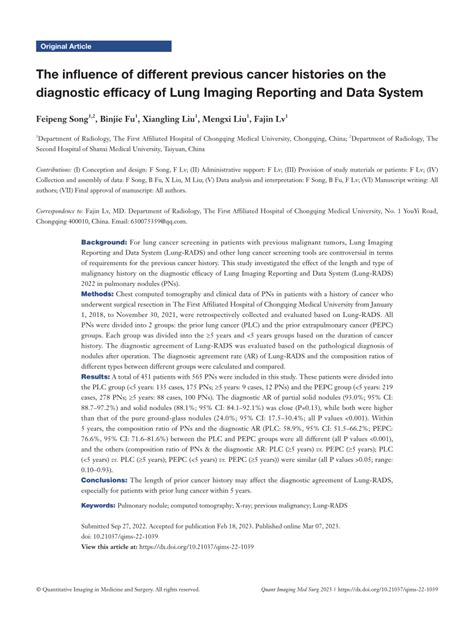 Pdf The Influence Of Different Previous Cancer Histories On The Diagnostic Efficacy Of Lung