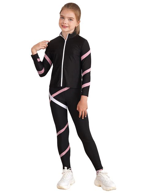 Iefiel Girls Teens 2pcs Sports Gym Suit Shiny Rhinestone Long Sleeve Coat With Leggings