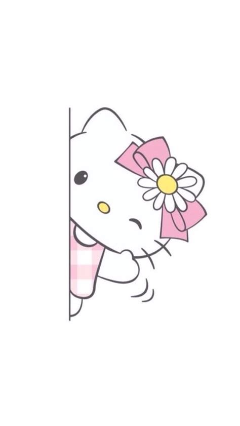 Hello Kitty Peeking Out From Behind A Wall With A Flower In Her Hair