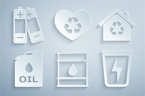 오일 배럴 재활용이 가능한 에코 하우스 캐니스터 기계 오일 번개 쓰레기통 친근한 마음 및 배터리 아이콘을 설정하십시오 벡터 3차원 형태에 대한 스톡 벡터 아트 및 기타